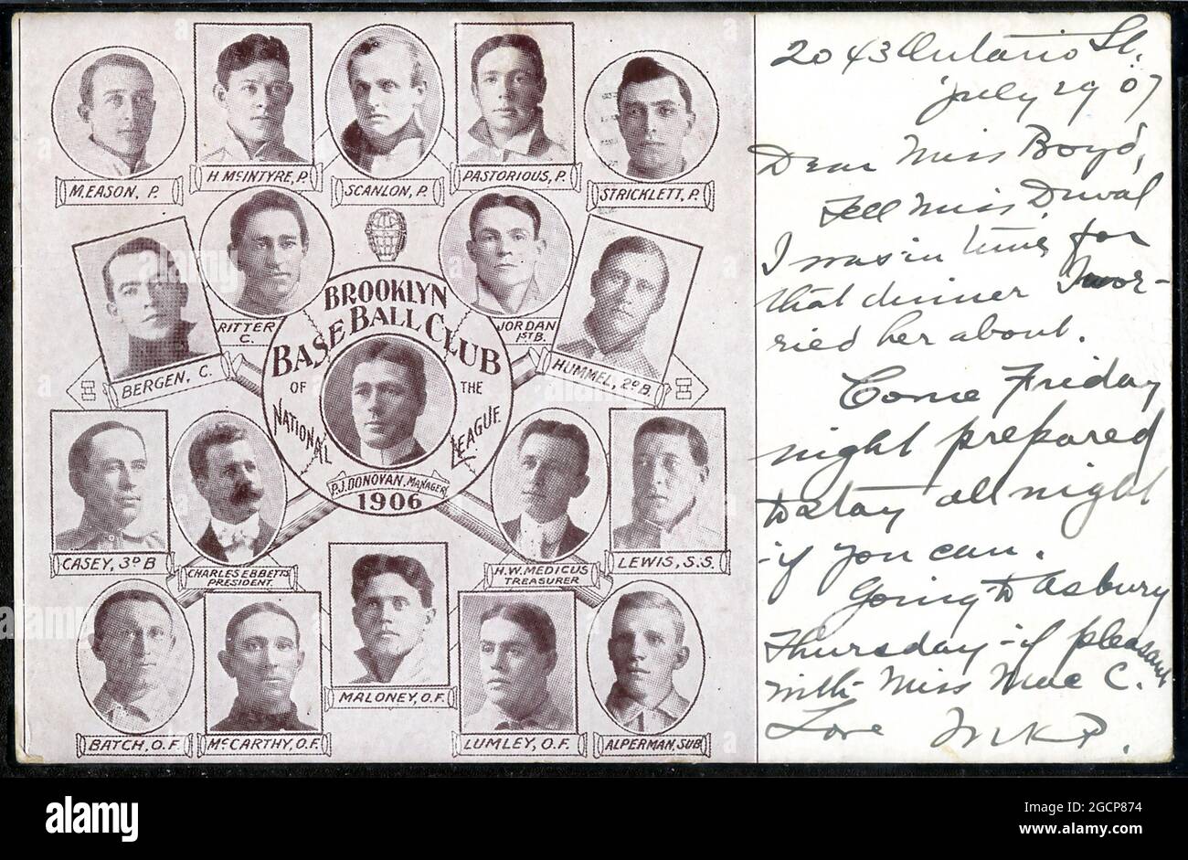 Postcard from 1906 with handwritten message depicting players from the ...