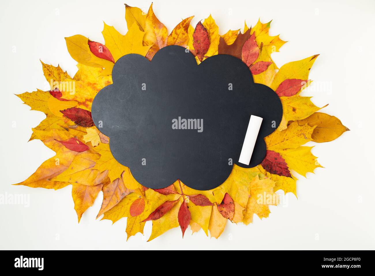 Hello september. autumn background with chalk, cloud shape blackboard ...