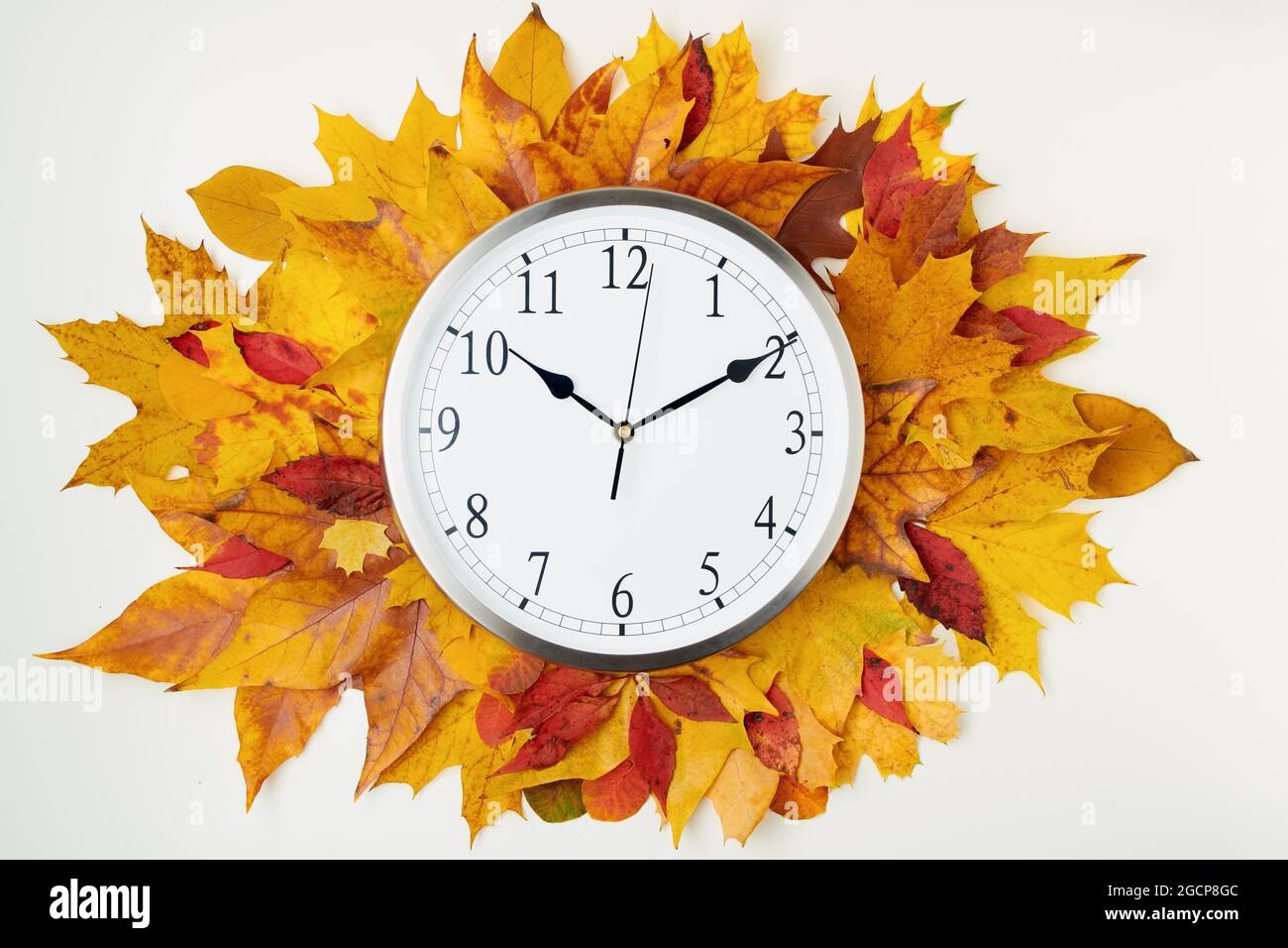 Hello autumn. autumn background with clock and leaves on white ...
