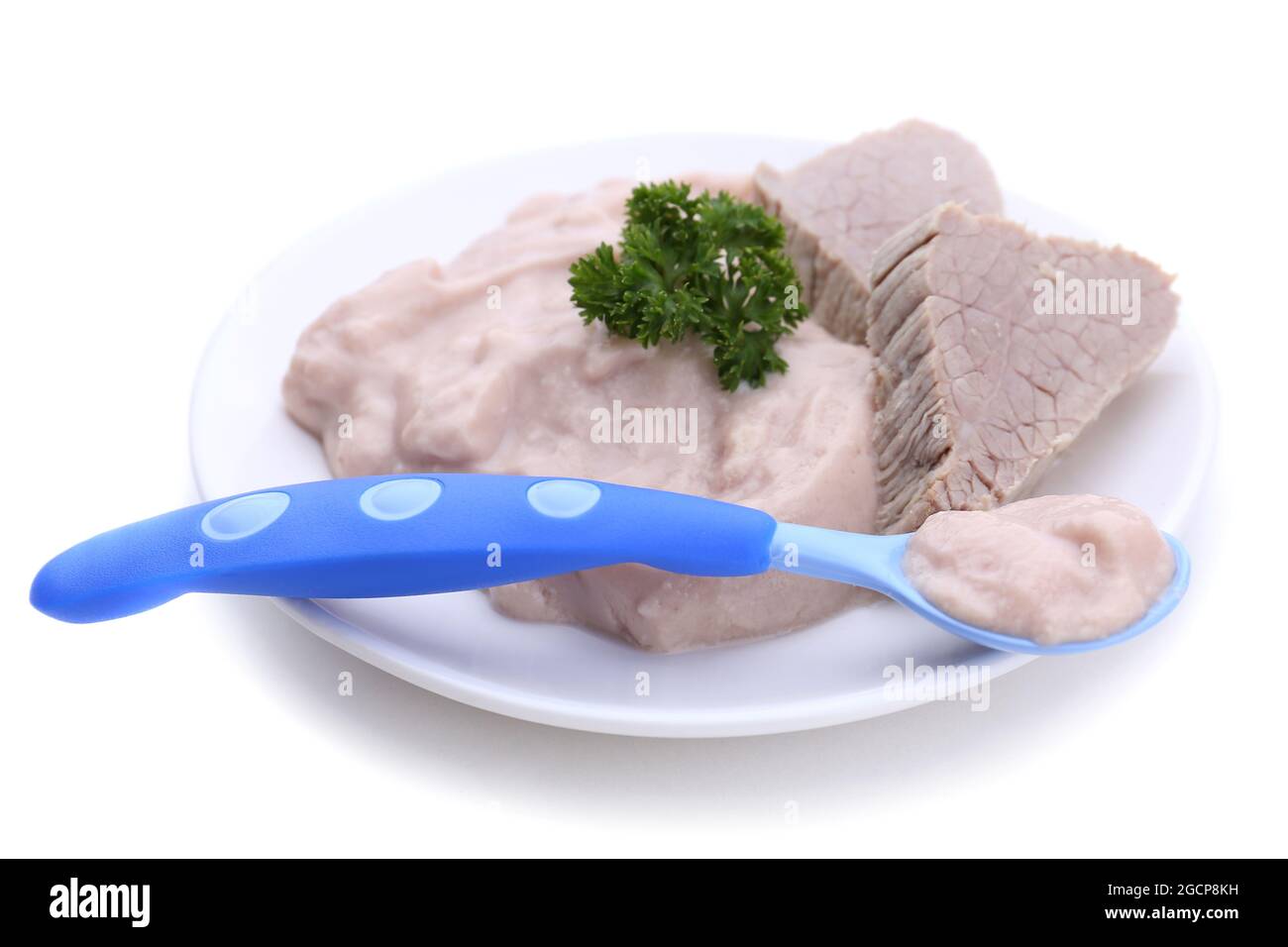 Meat paste for infant feeding, isolated on white Stock Photo - Alamy