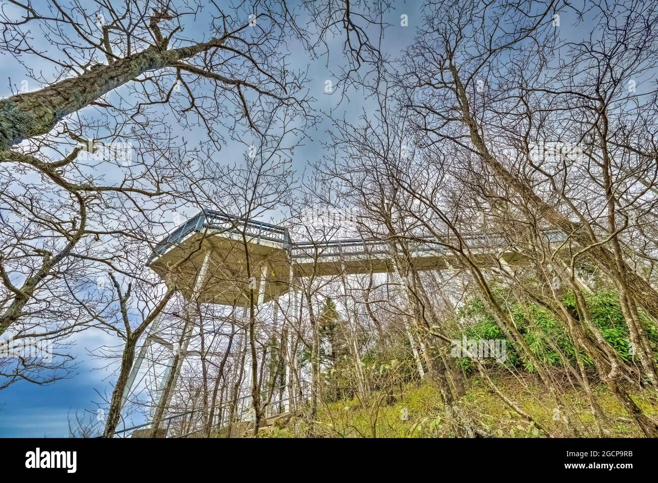 Dramatic skies behind the lookout tower at The Blowing Rock looking out ...