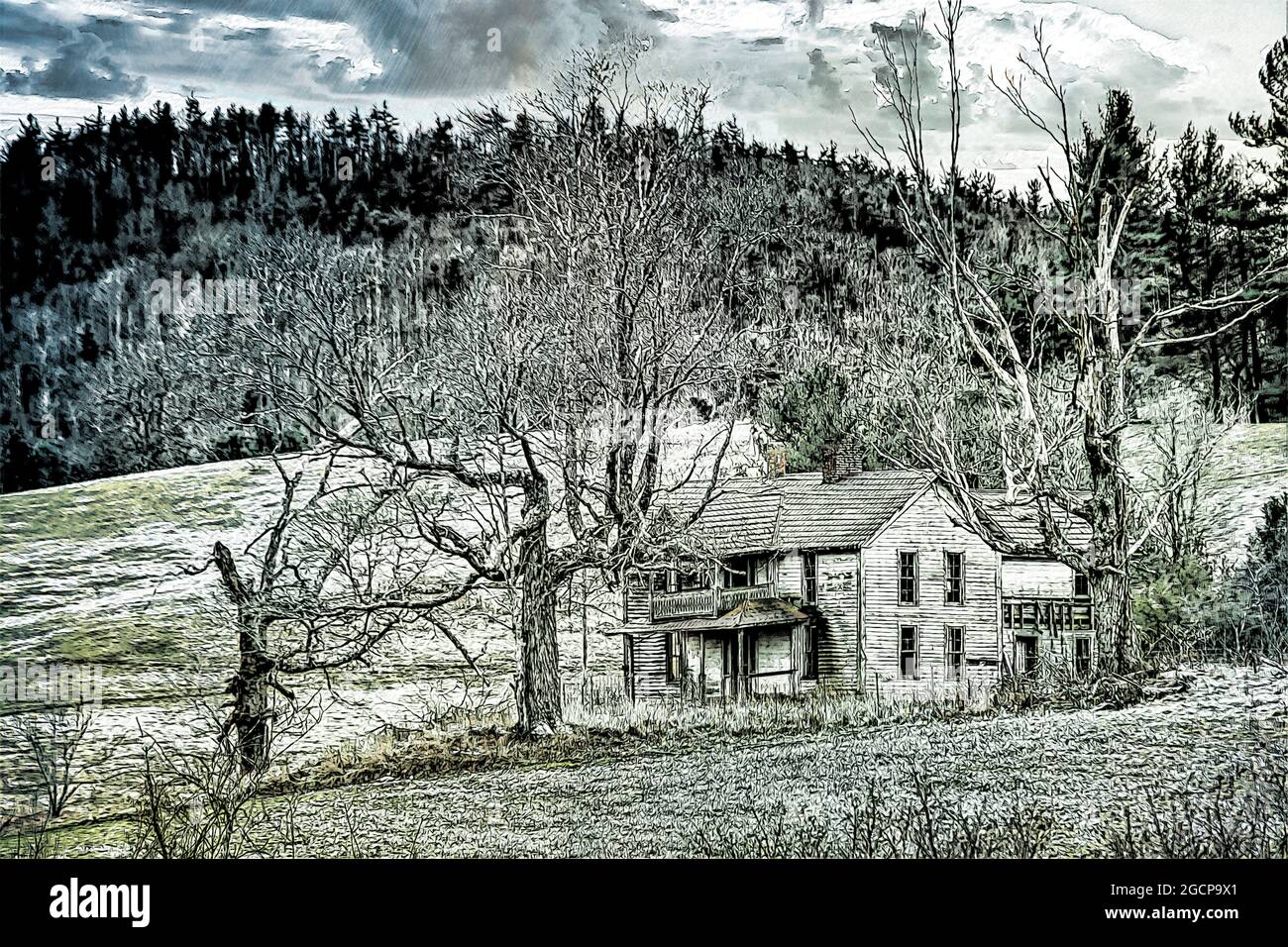 Color photo illustration of an abandoned farmhouse on a bleak winter’s ...