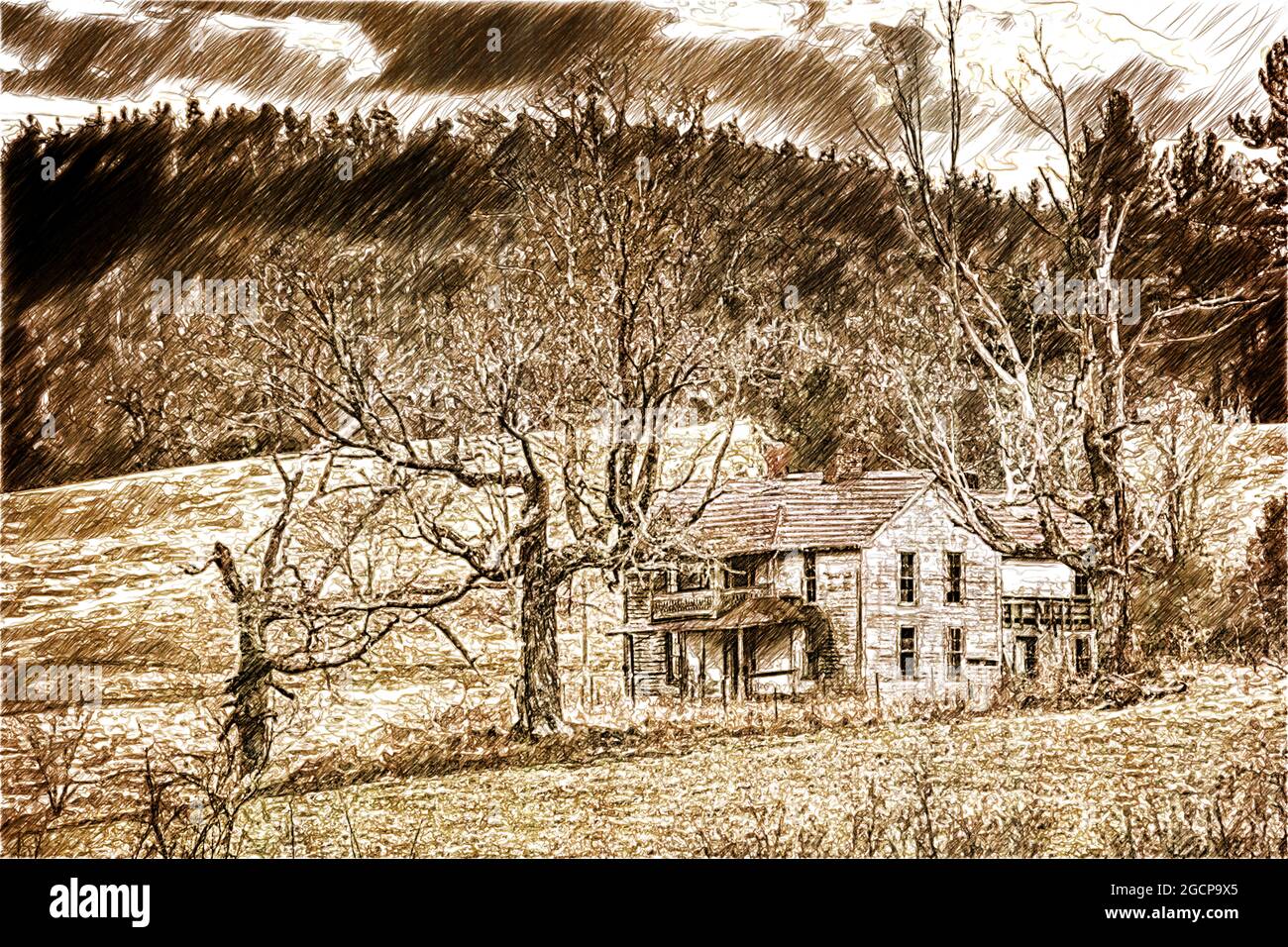 Sepia toned greyscale photo illustration of an abandoned farmhouse on a ...