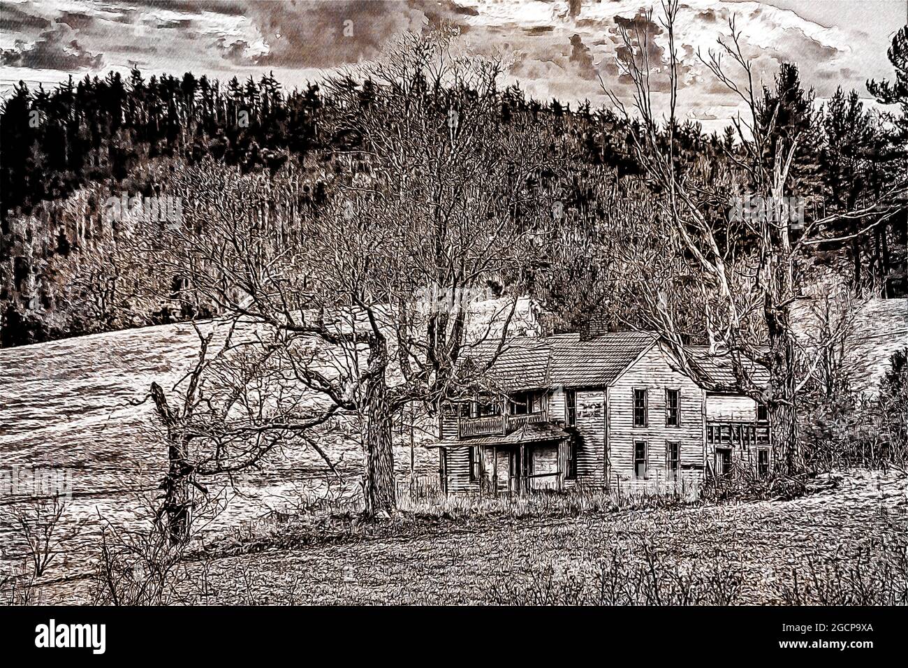 Toned greyscale photo illustration of an abandoned farmhouse on a bleak ...