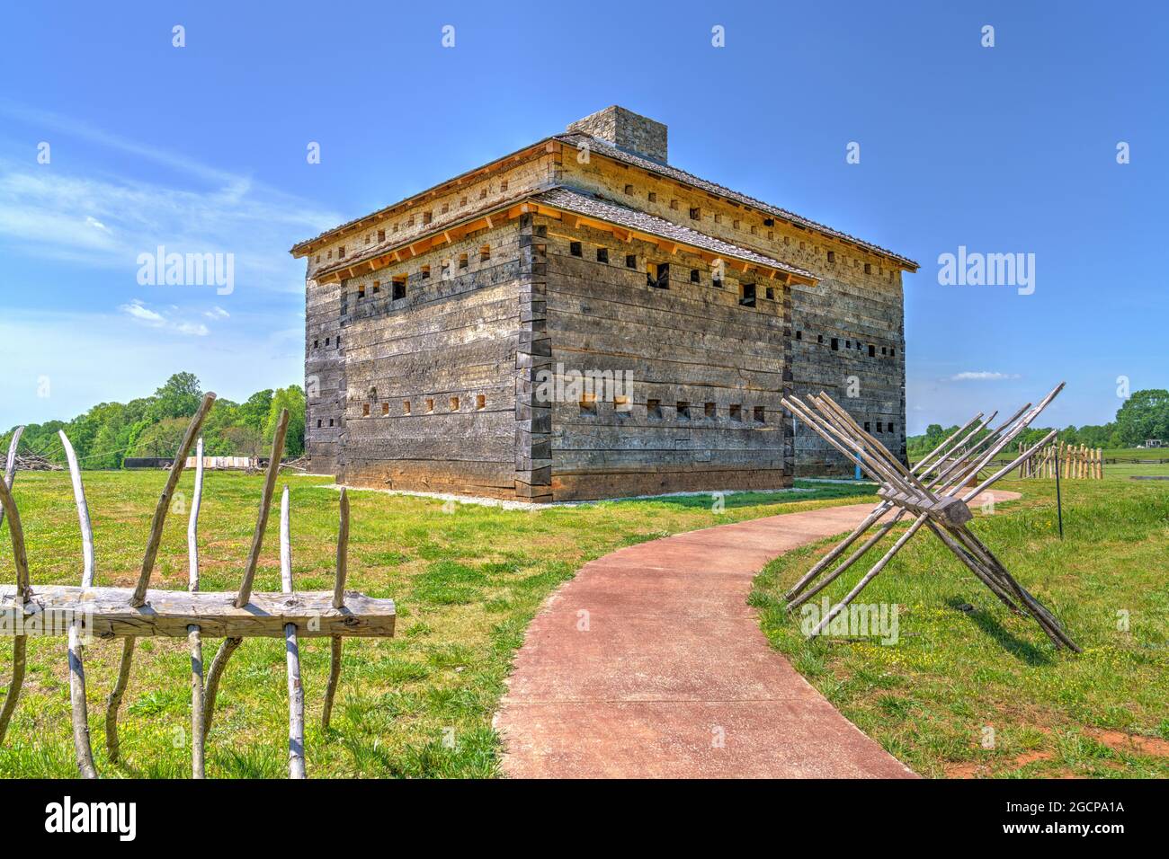 Pathway lined with barriers leading to Fort Dobbs, a North Carolina ...