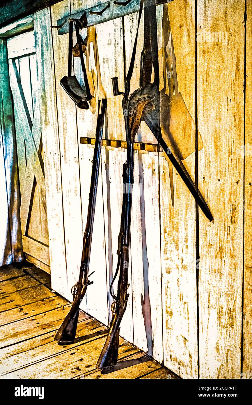 Photo illustration of muskets against a wall inside Fort Dobbs, a North ...