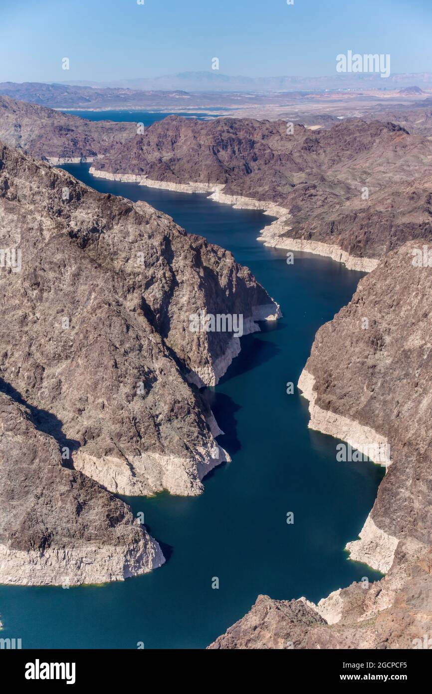 Aerial Lake Mead falling water levels marked Nevada / Arizona USA Stock ...