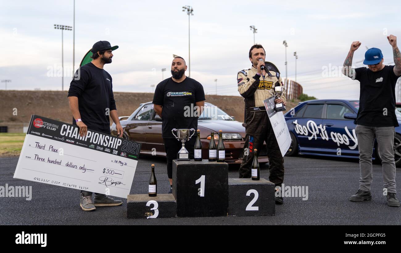 VicDrift Round 2 Award Ceremony. Left to Right: 3rd Place Jason Ferron ...