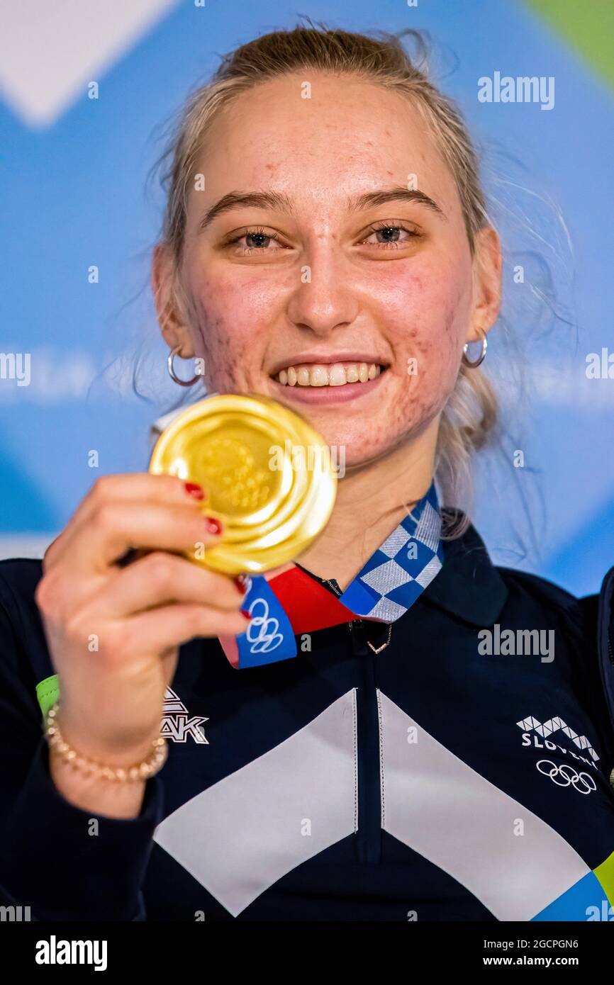 Slovenian sport climber Janja Garnbret poses for a photo upon arrival ...