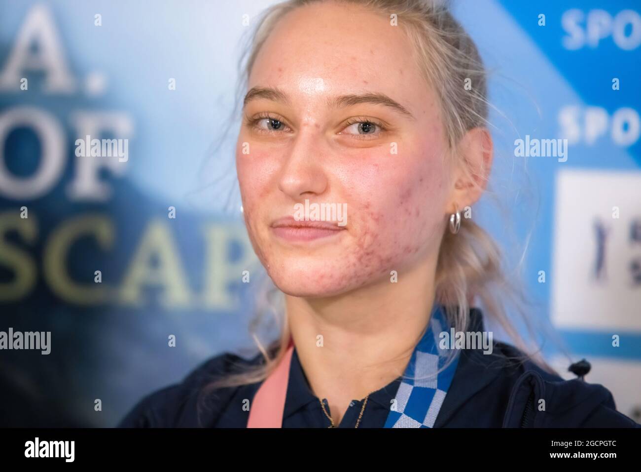 Slovenian sport climber Janja Garnbret speaks to the press upon arrival ...