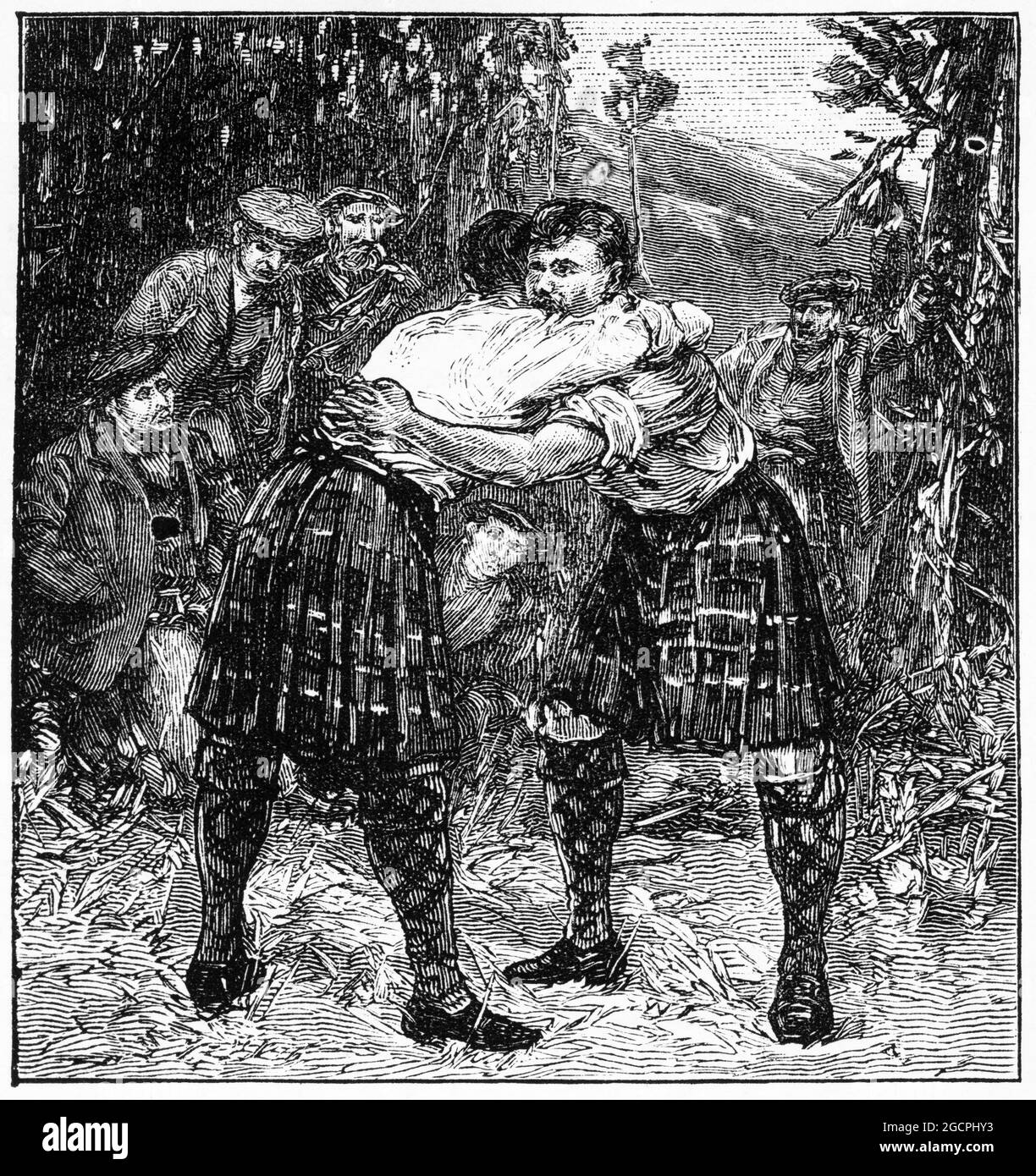 Engraving of two Scottish wrestlers wearing traditional kilts engaged ...
