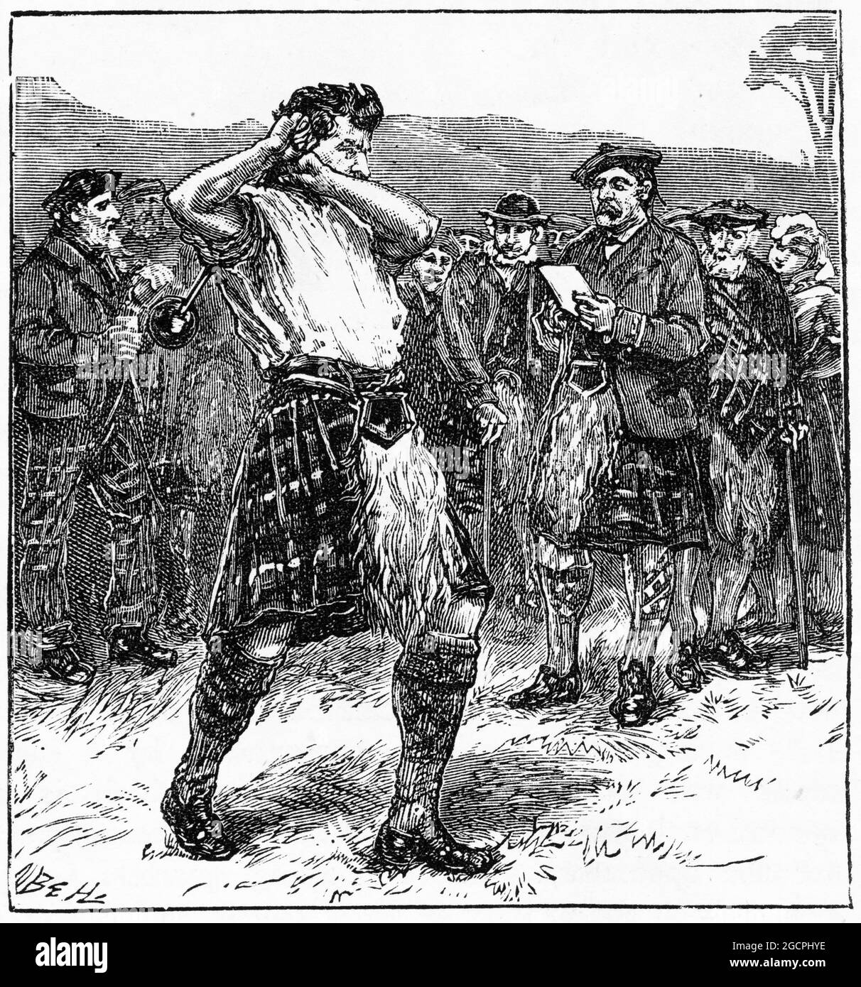 Engraving of a Scotsman throwing the hammer at a sporting competition ...