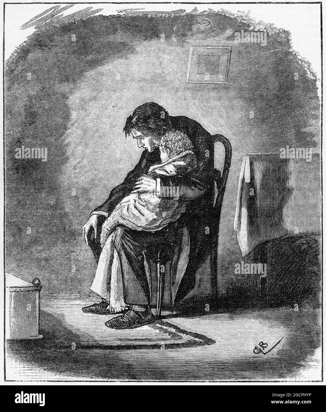 Engraving of a distressed parent siting up with a sick child, circa ...