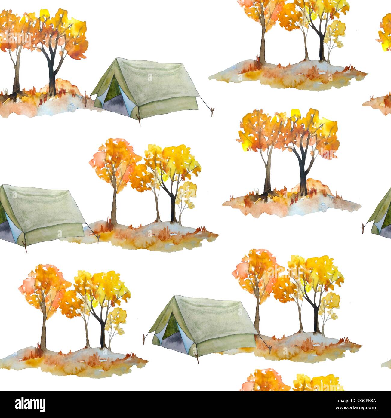 Watercolor hand drawn seamless pattern with fall autumn landscape with ...