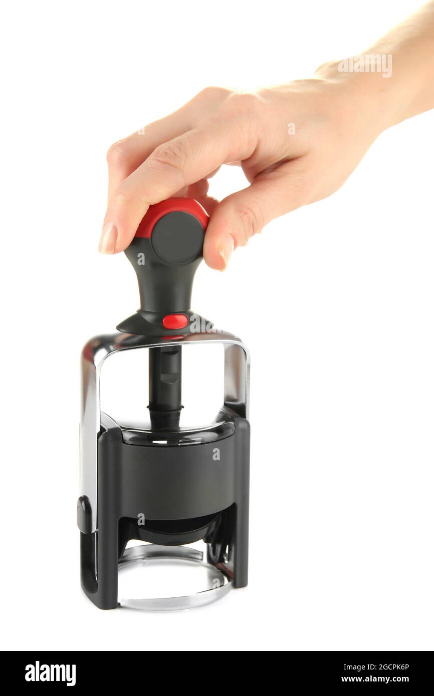 Hand holding stamp isolated on white Stock Photo - Alamy