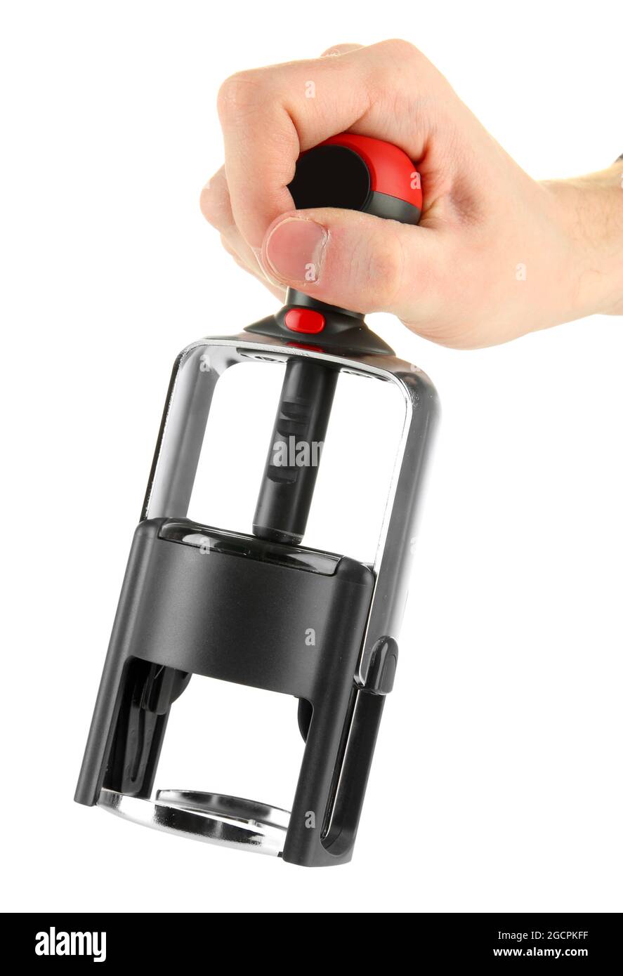 Hand holding stamp isolated on white Stock Photo - Alamy