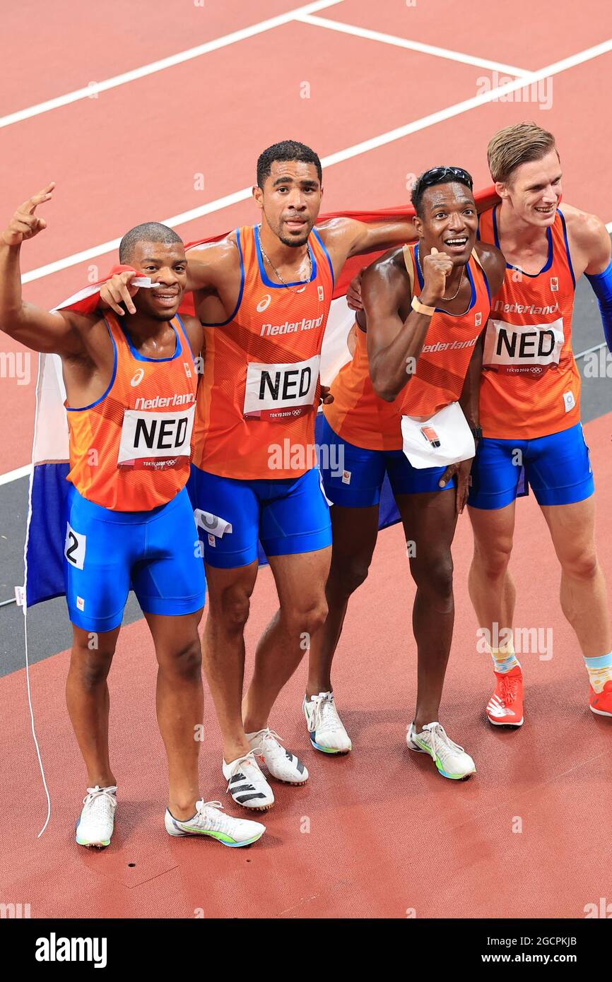 Team Netherlands (NED) celebrate second place and the silver medal ...