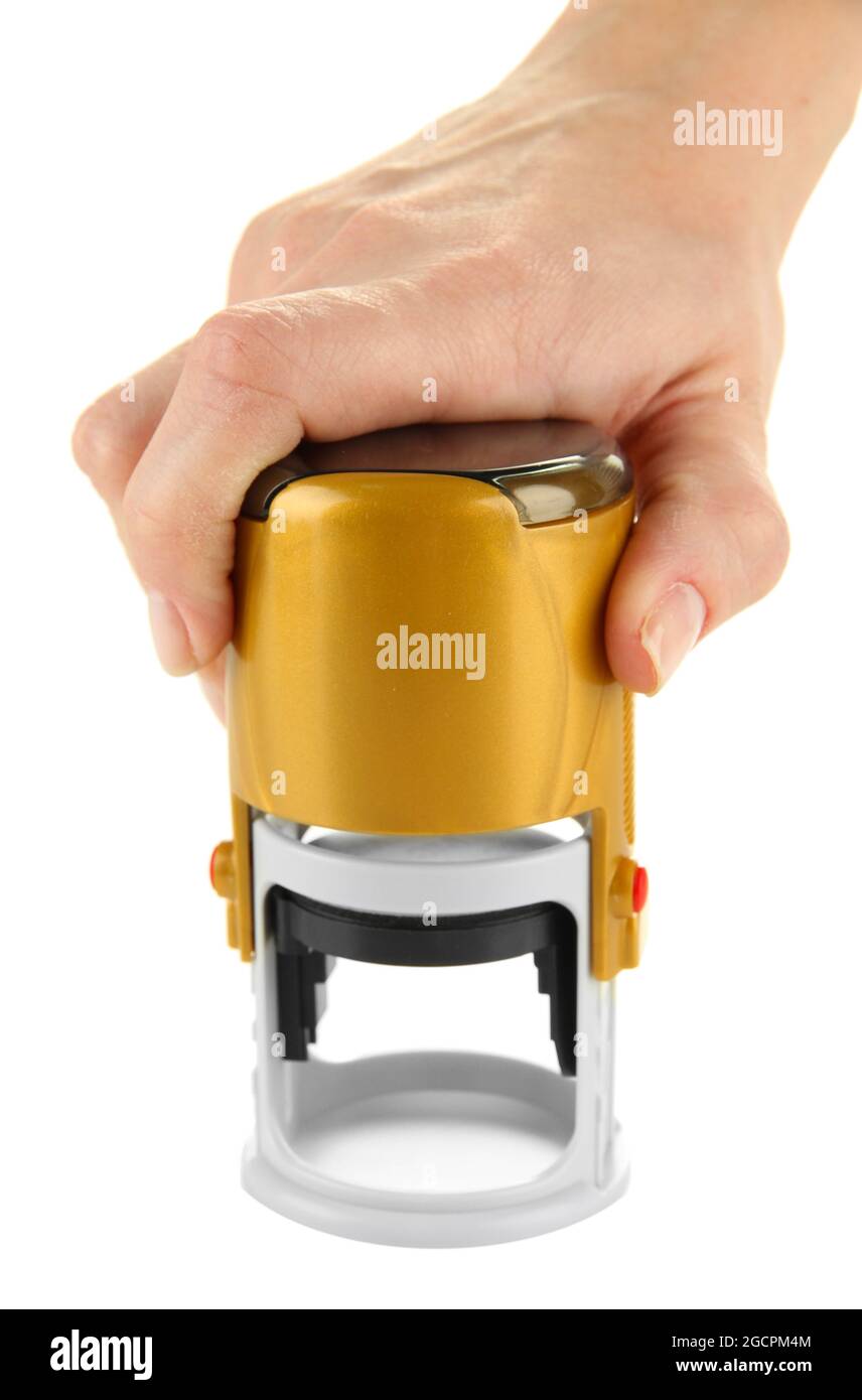 Hand holding stamp isolated on white Stock Photo - Alamy