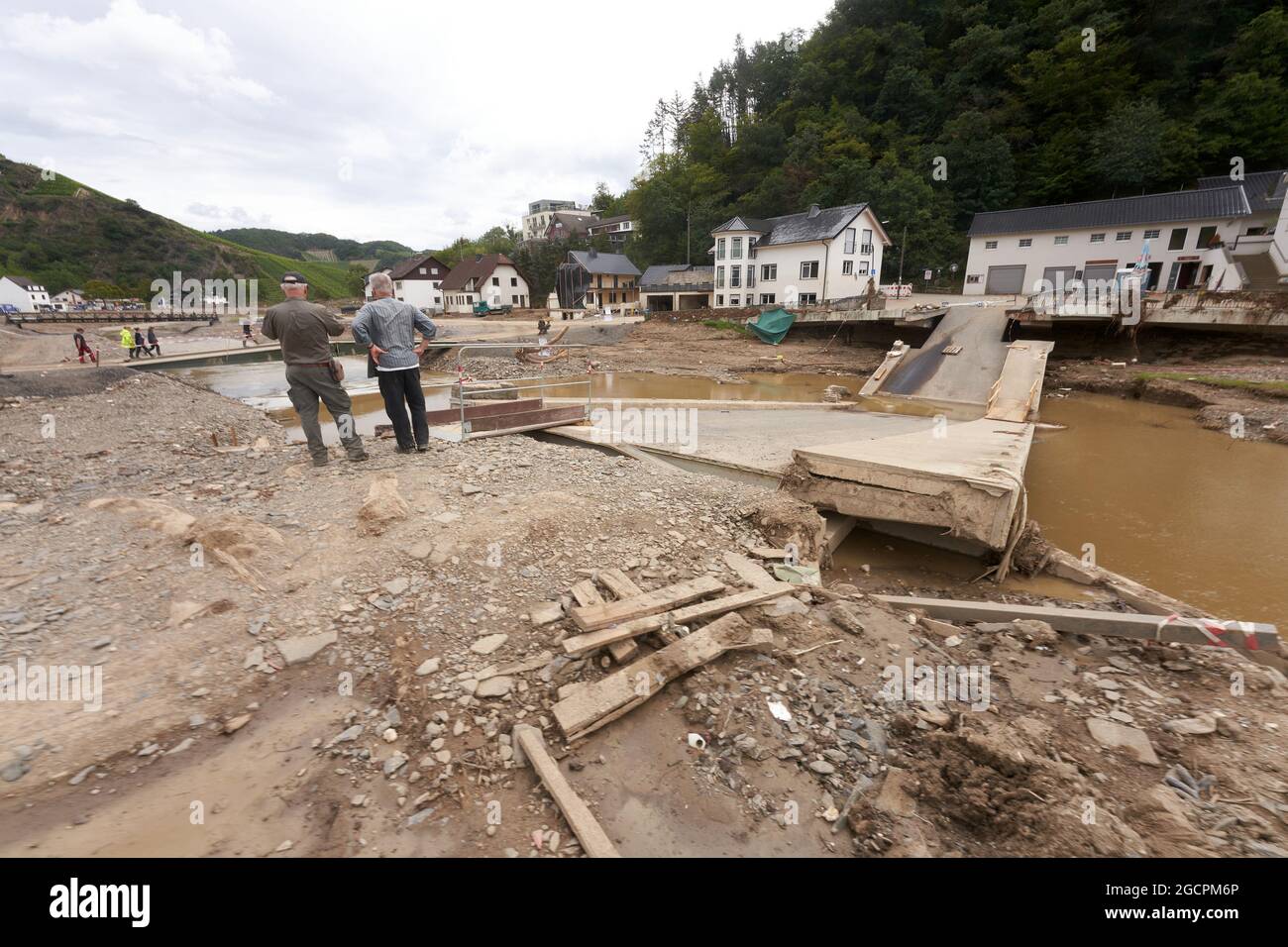 Dernau, Germany. 09th Aug, 2021. The bridge over the Ahr was totally destroyed by the flood ...