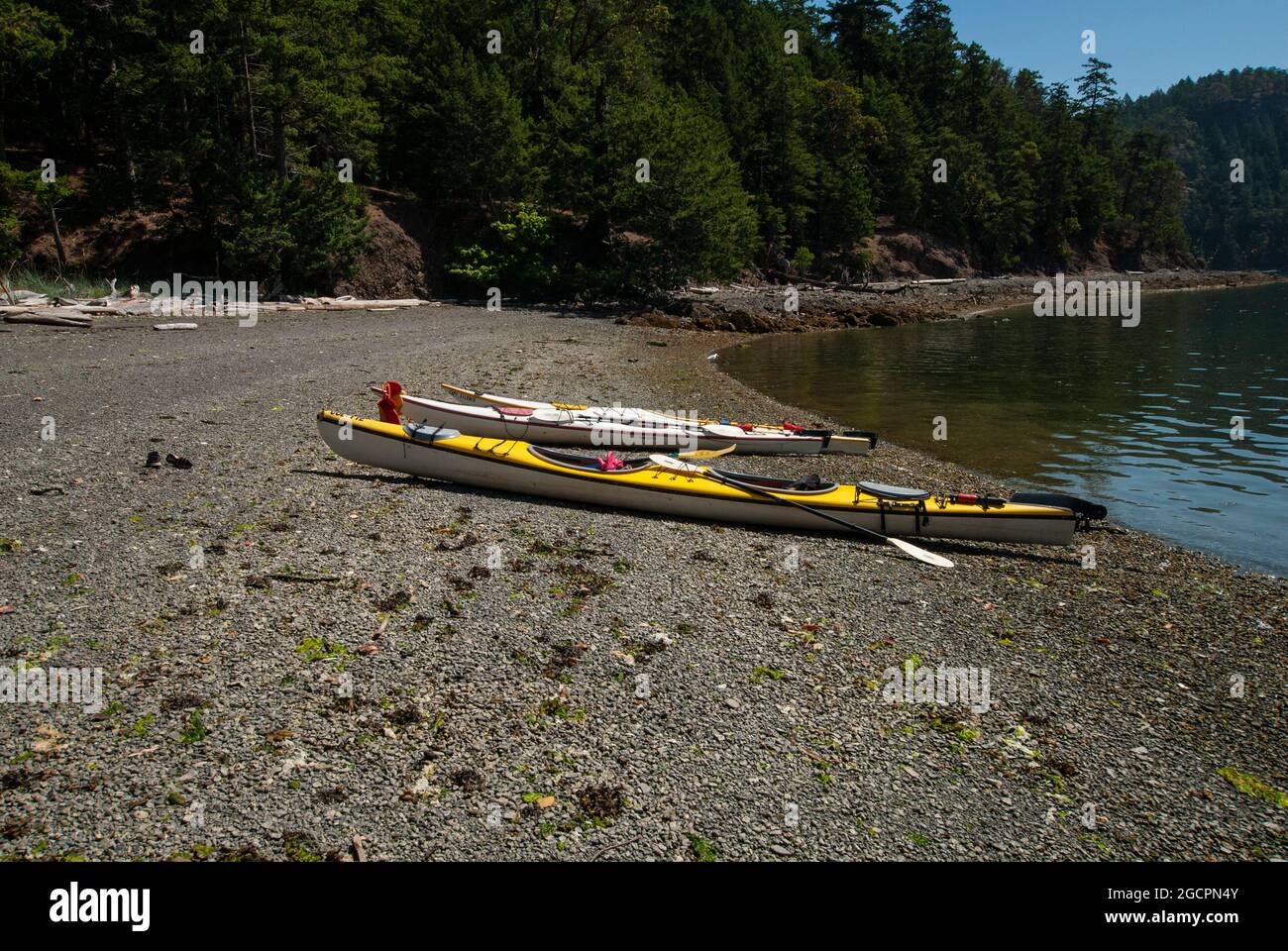 Kayaks on Beaumont Beach, South Pender Island, British Columbia, Canada ...