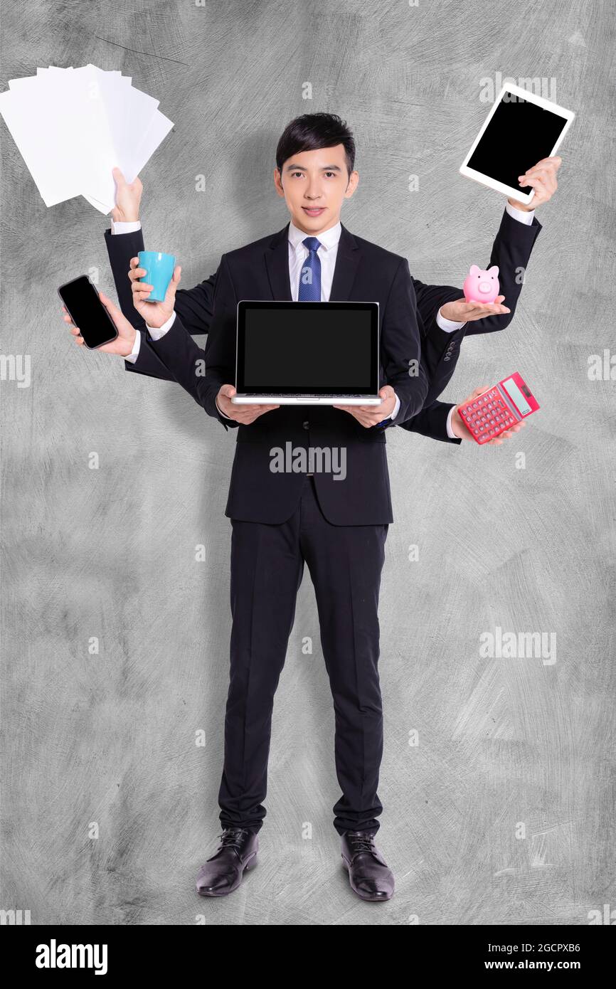 Concept of multitasking.Businessman with many hands.Efficient business ...