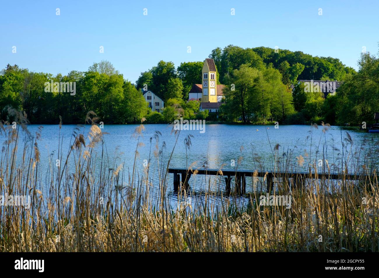 Wesslinger See, old parish church in Wessling, Fuenfseenland, Five ...