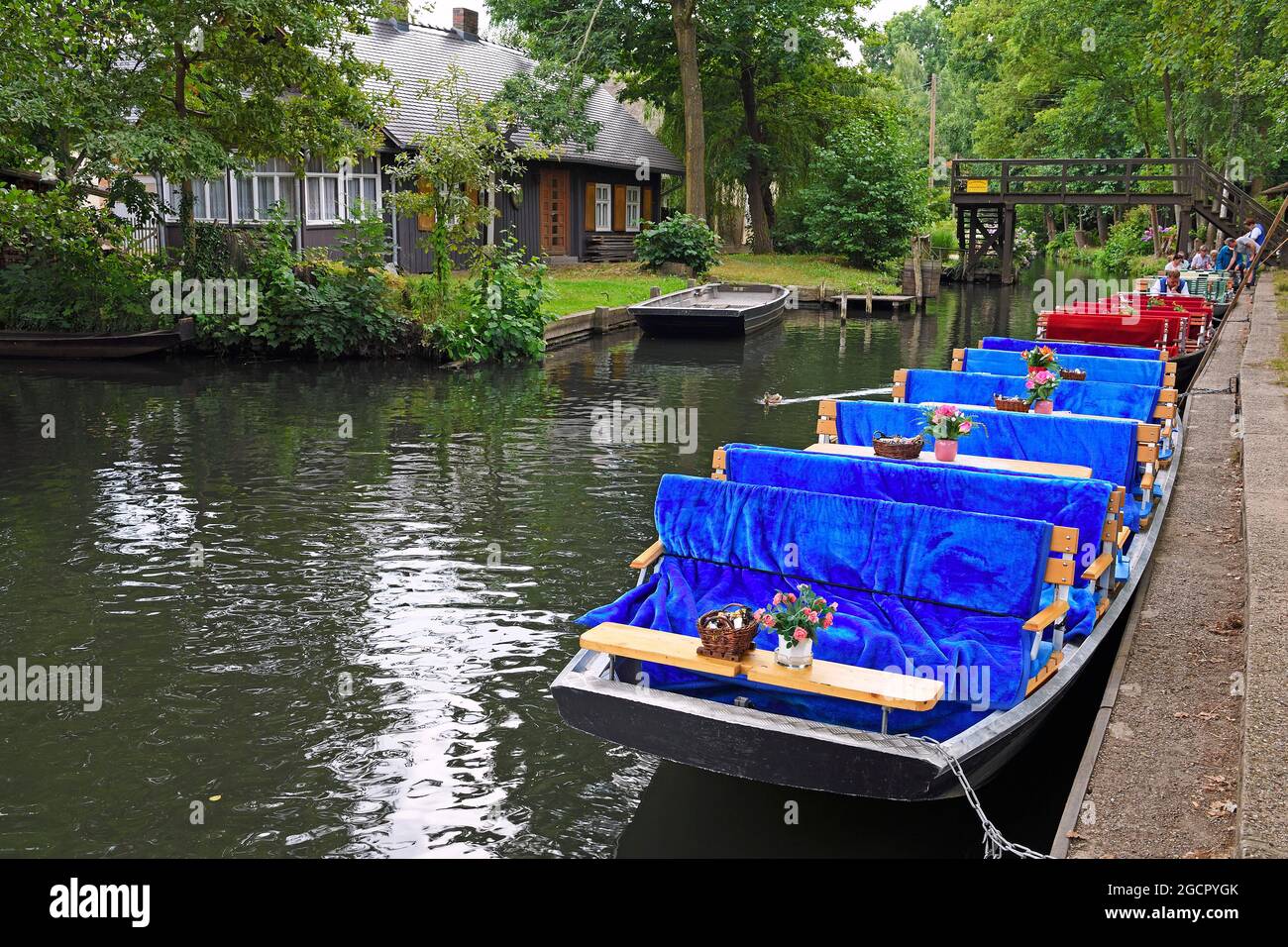 Typical Spreewald barge in the harbour of Lehde, Brandenburg, Germany ...