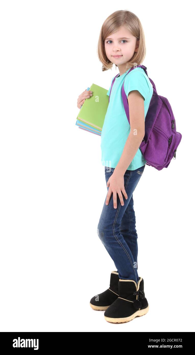 Beautiful little girl with backpack holding books isolated on white ...