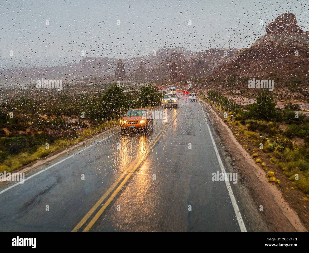 Raindrops on a car window, driving in the rain, Arches Scenic Drive ...