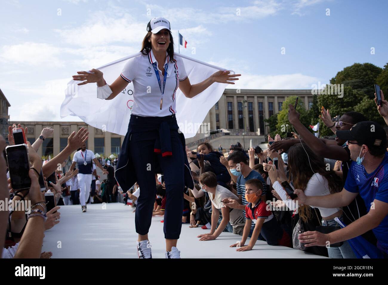 French women Basketball team arrives on stage, in front of the Eiffel ...