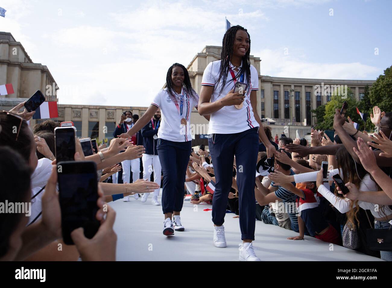 French women Basketball team arrives on stage, in front of the Eiffel ...