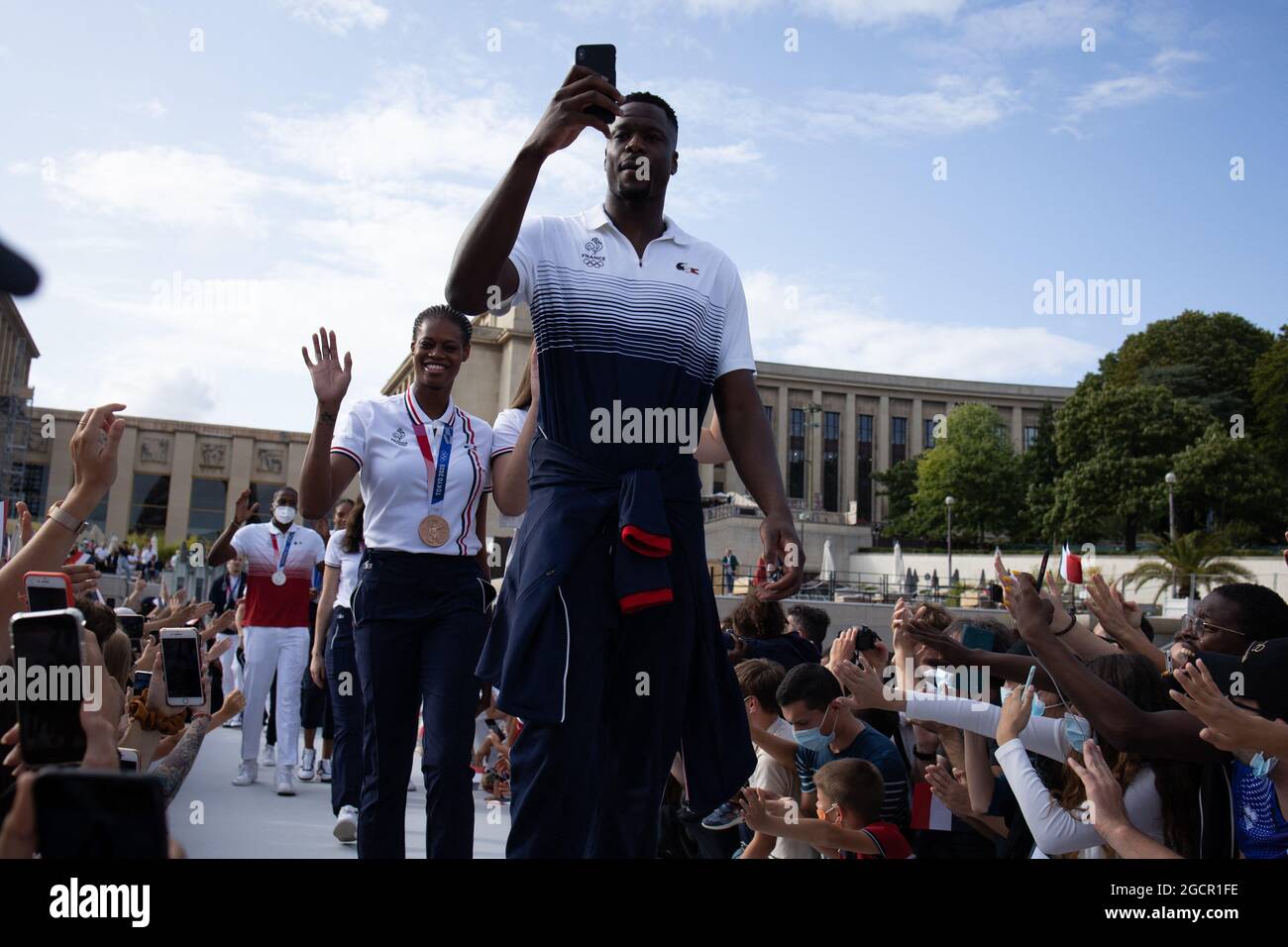 French men Basketball team arrives on stage, in front of the Eiffel ...