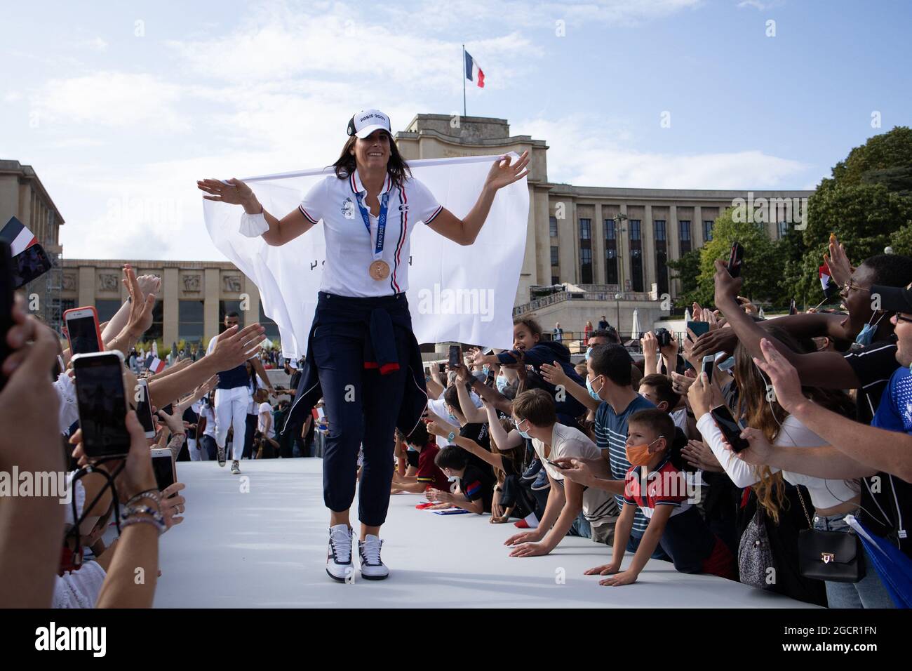 French women Basketball team arrives on stage, in front of the Eiffel ...