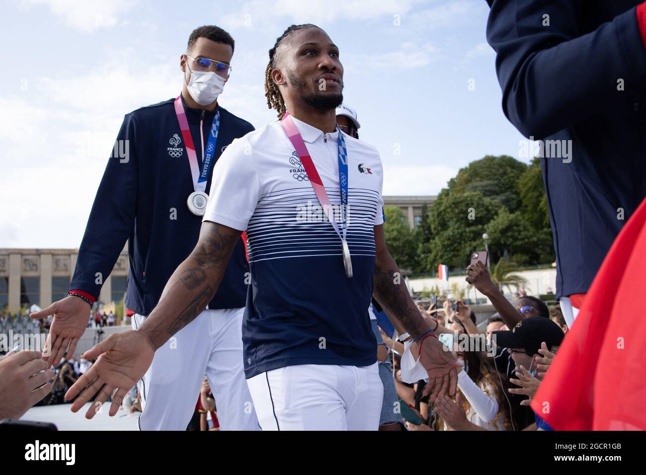 French men Basketball team arrives on stage, in front of the Eiffel ...