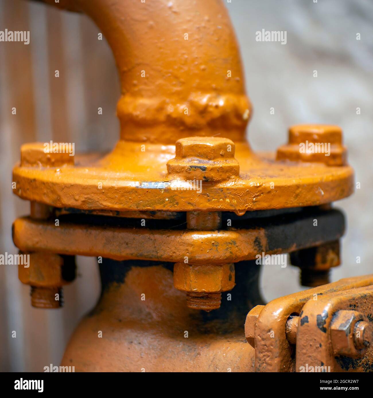 The flange connection is bolted on a metal painted pipe. Flange on the ...