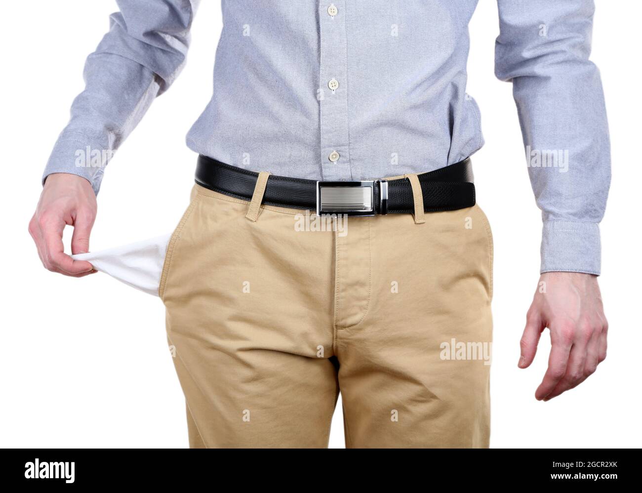 Man showing his empty pocket isolated on white Stock Photo - Alamy