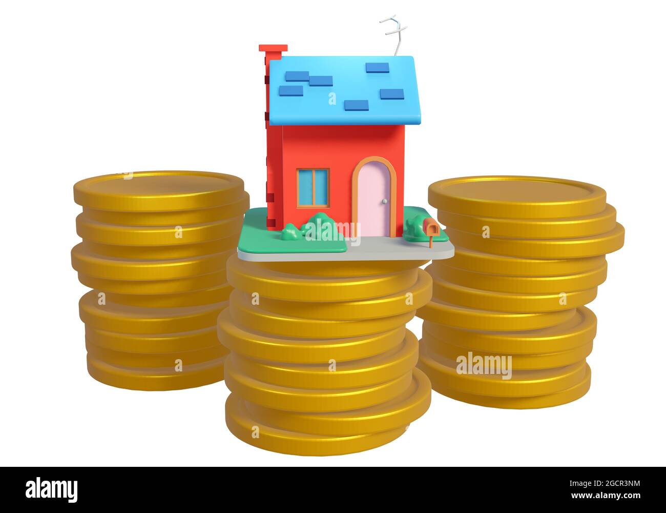 An 3D illustration of a cute cartoon house money box with gold coins on ...