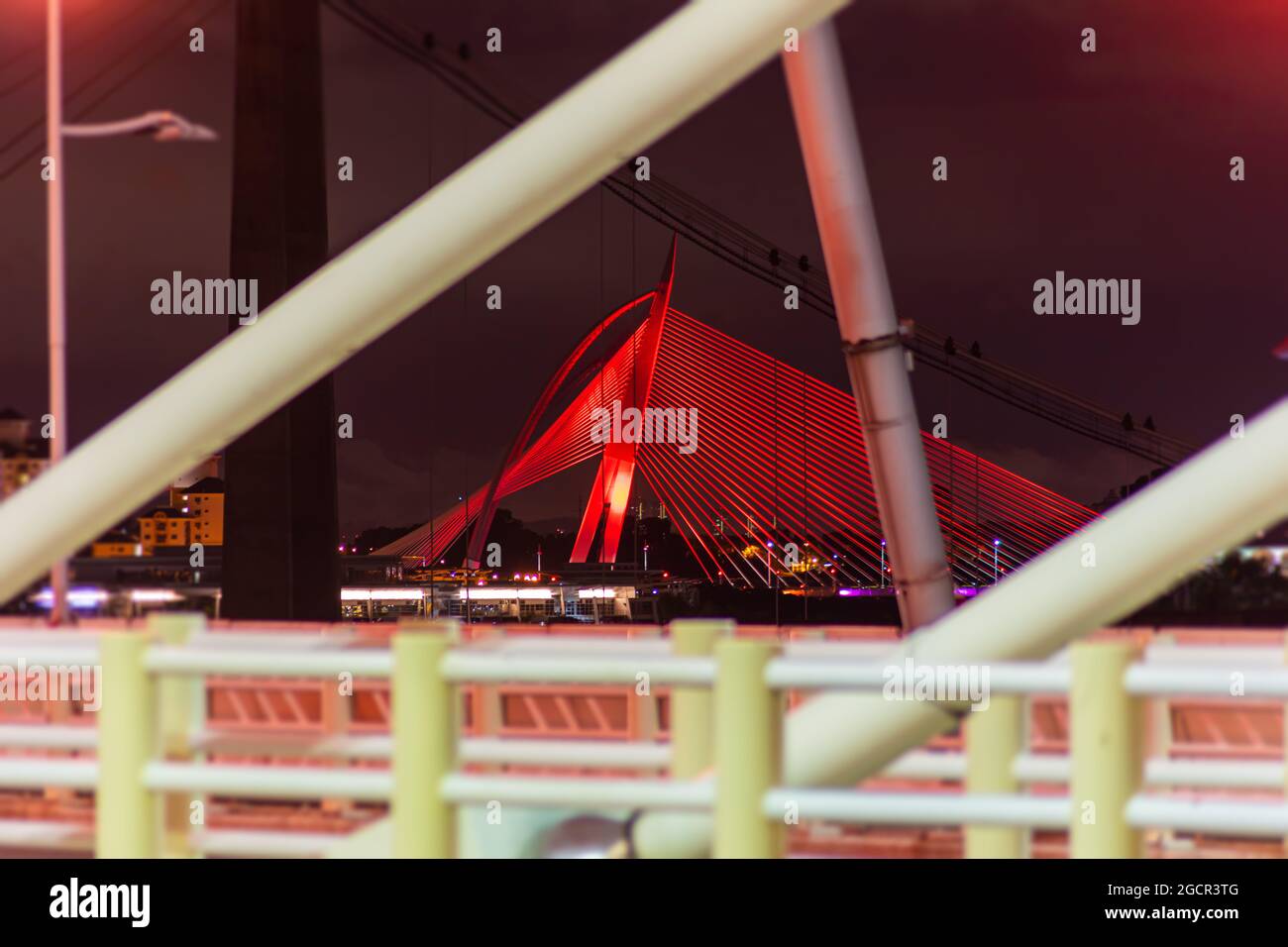 Putrajaya, Malaysia, illuminated Seri Wawasan Bridge. View on one of ...