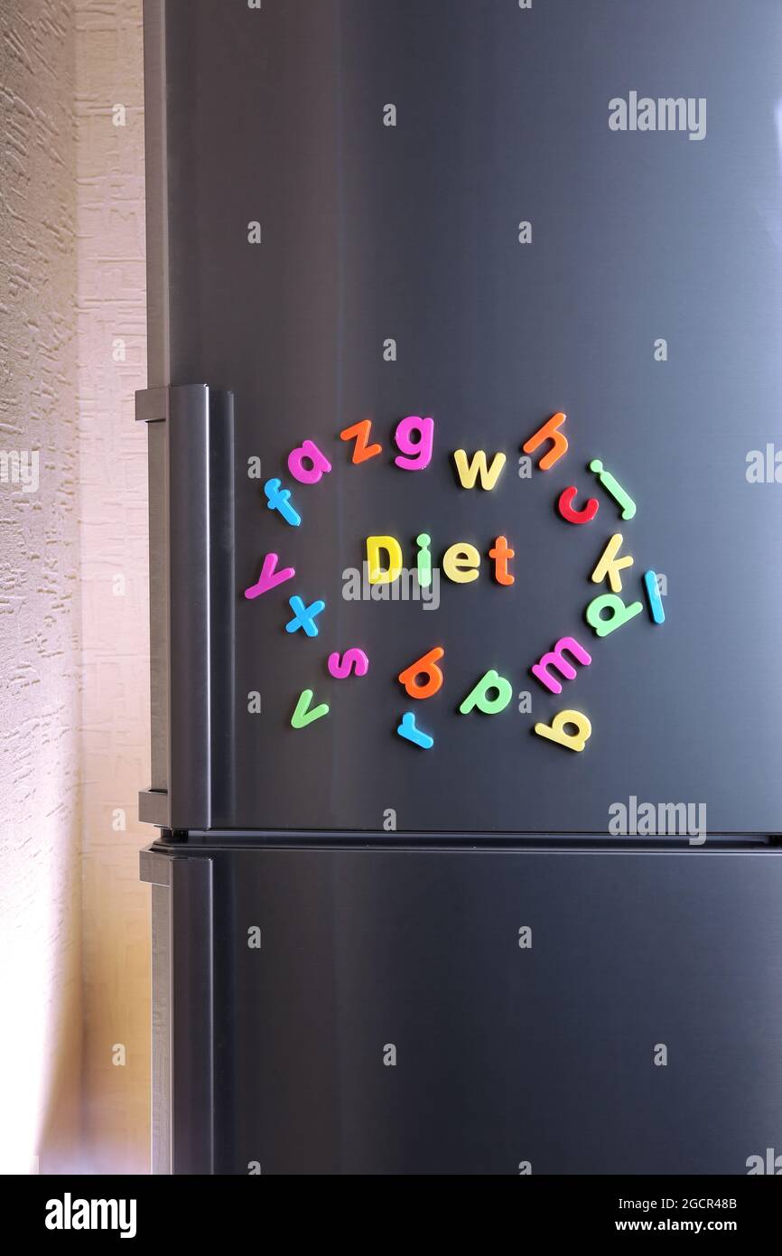 Word Diet from colorful magnetic letters on refrigerator Stock Photo ...