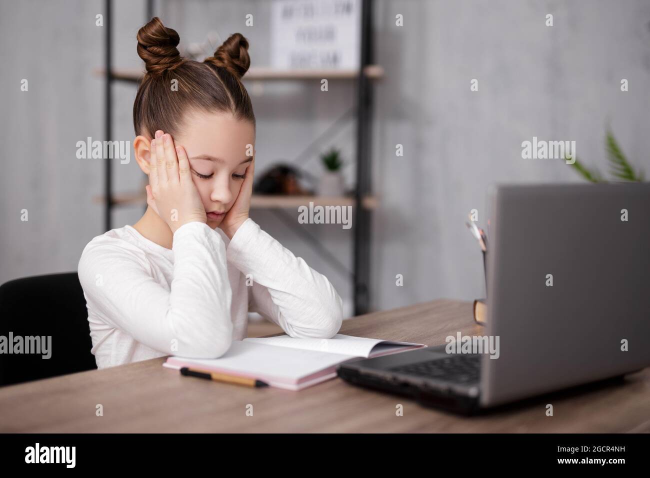 school, homework, distance education and stress concept - portrait of ...