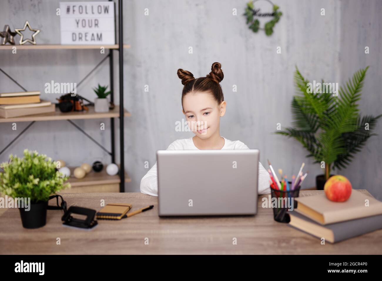 school, homework, internet and distance education concept - portrait of ...