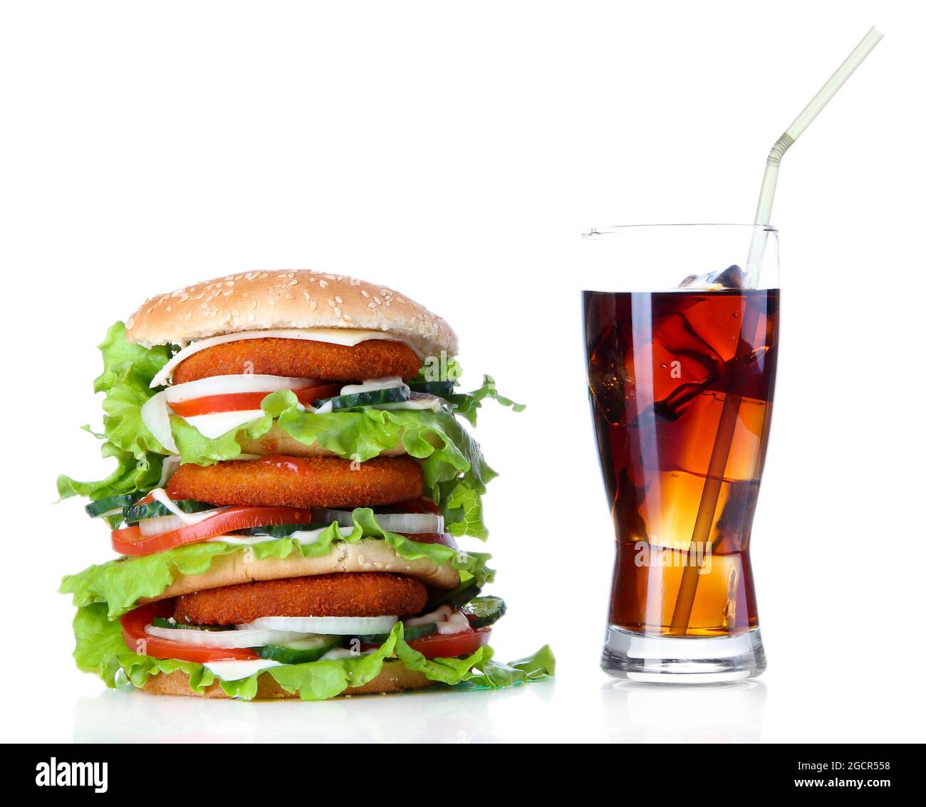 Huge burger and glass of cold drink, isolated on white Stock Photo - Alamy
