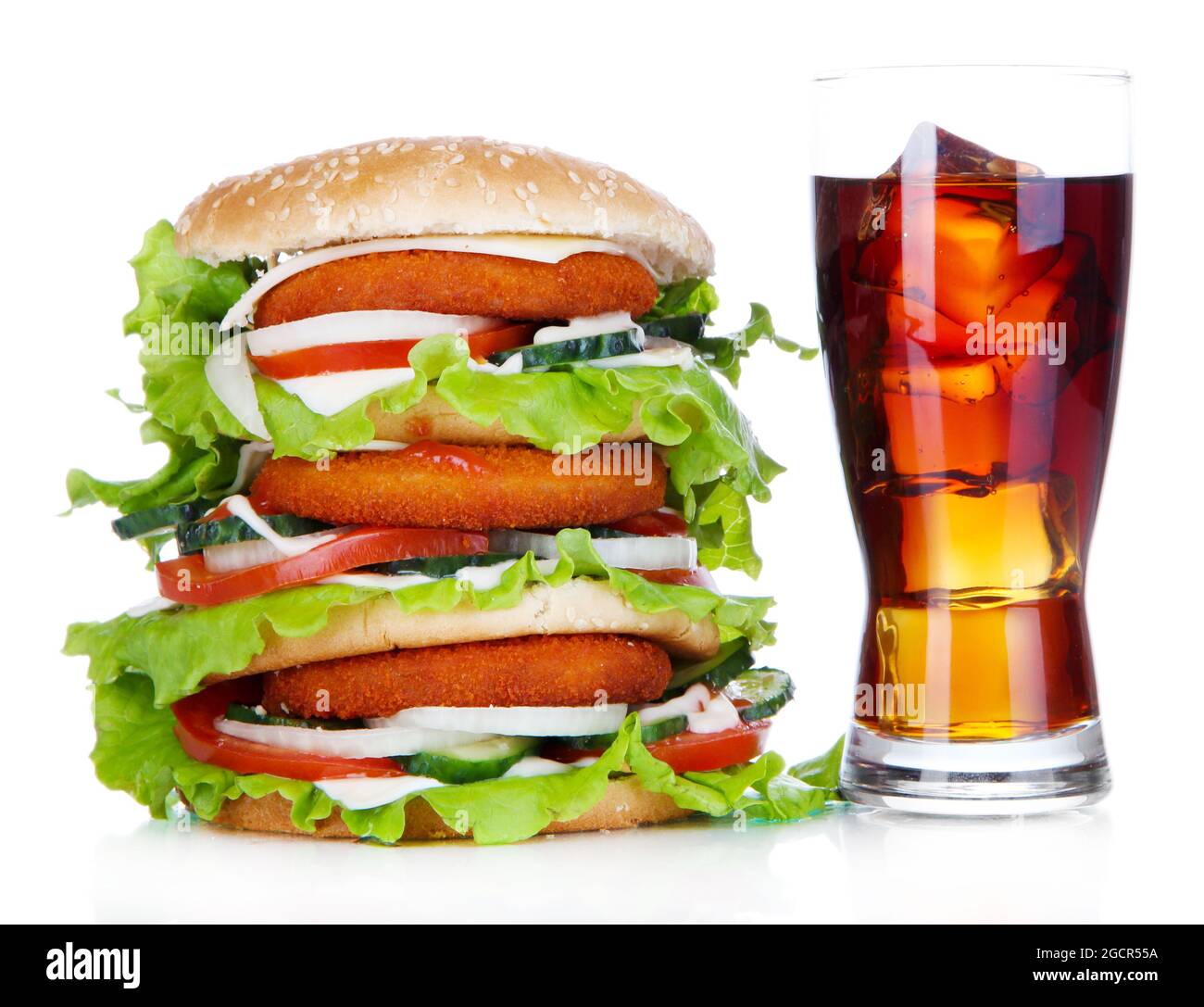 Huge burger and glass of cold drink, isolated on white Stock Photo - Alamy