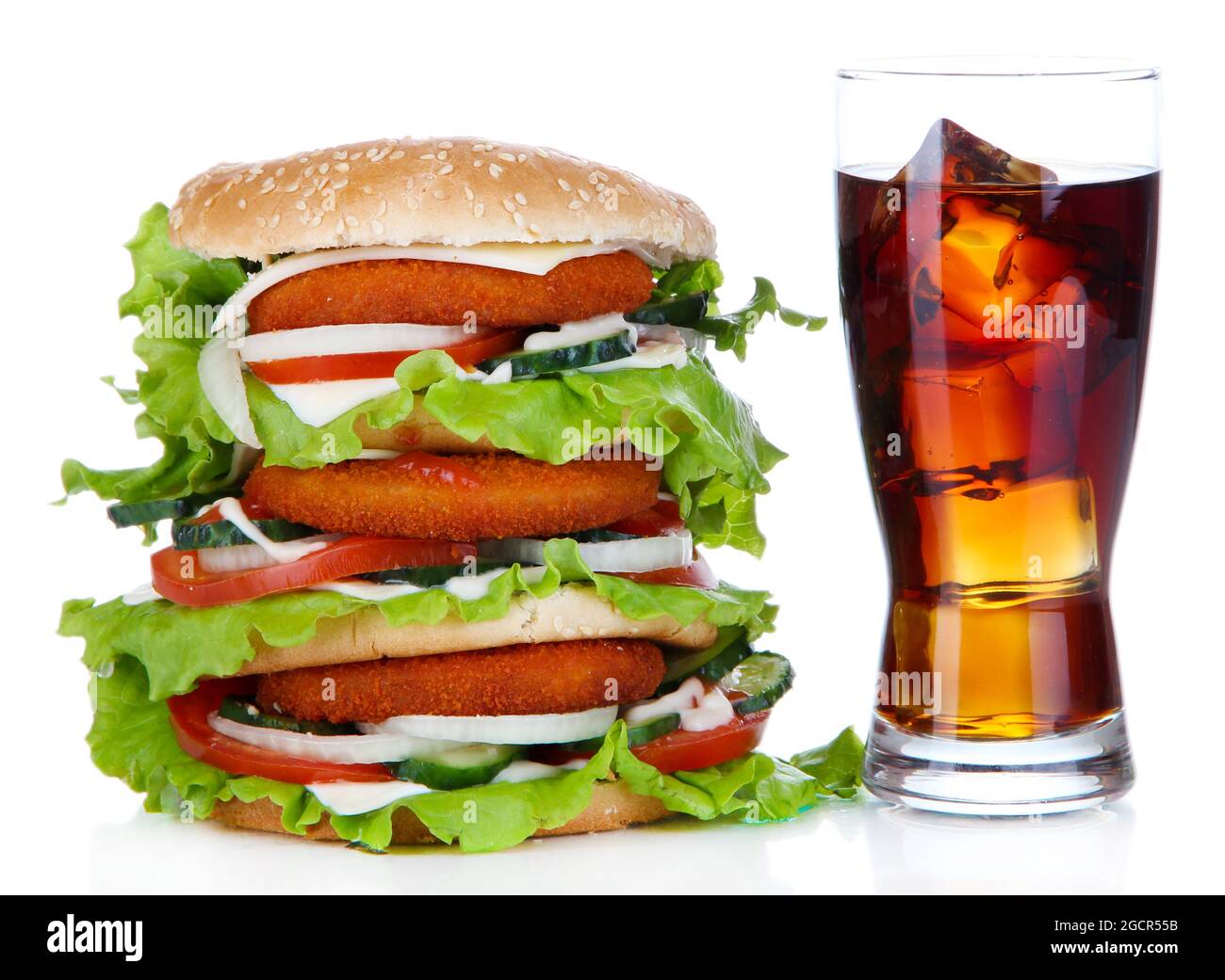 Huge burger and glass of cold drink, isolated on white Stock Photo - Alamy