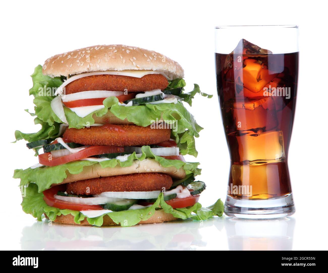 Huge burger and glass of cold drink, isolated on white Stock Photo - Alamy