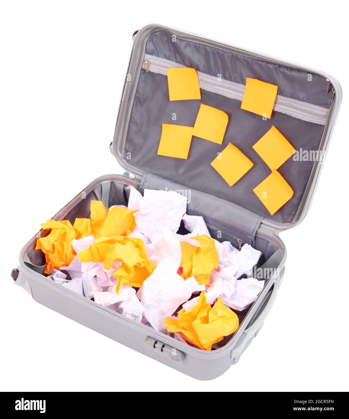 Open suitcase with paper stickers isolated on white Stock Photo - Alamy