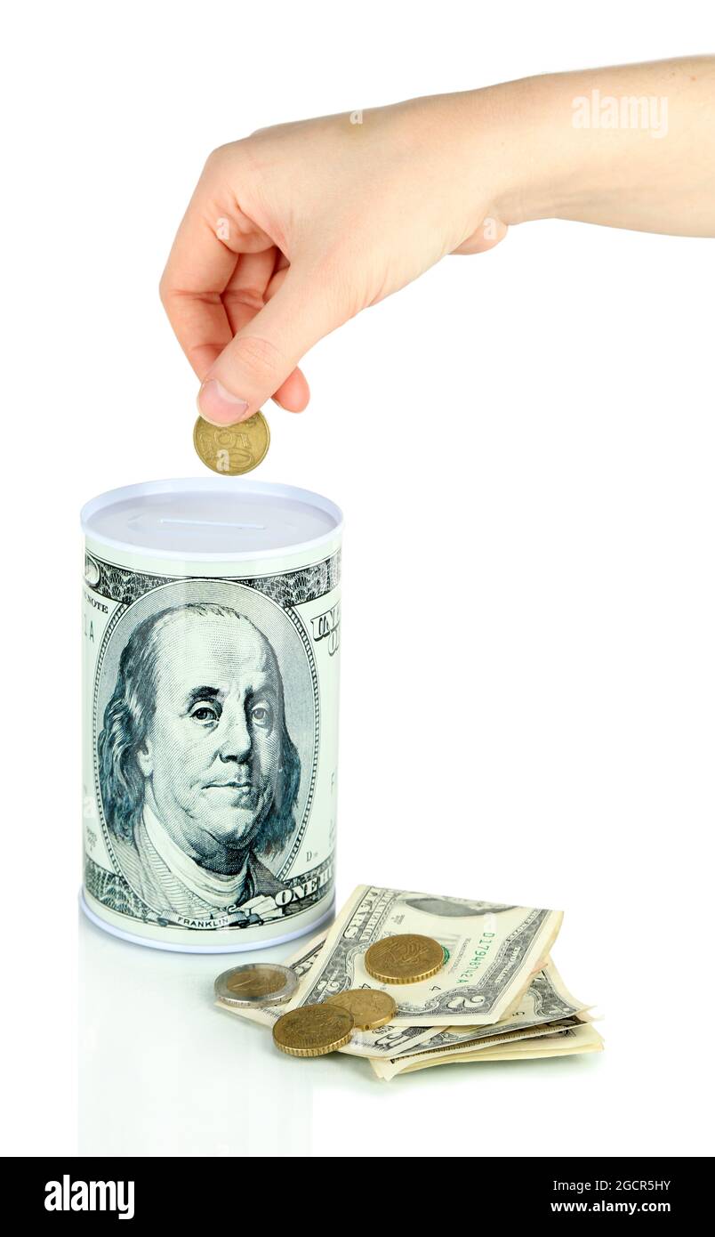 Female hand putting money in moneybox isolated on white Stock Photo - Alamy