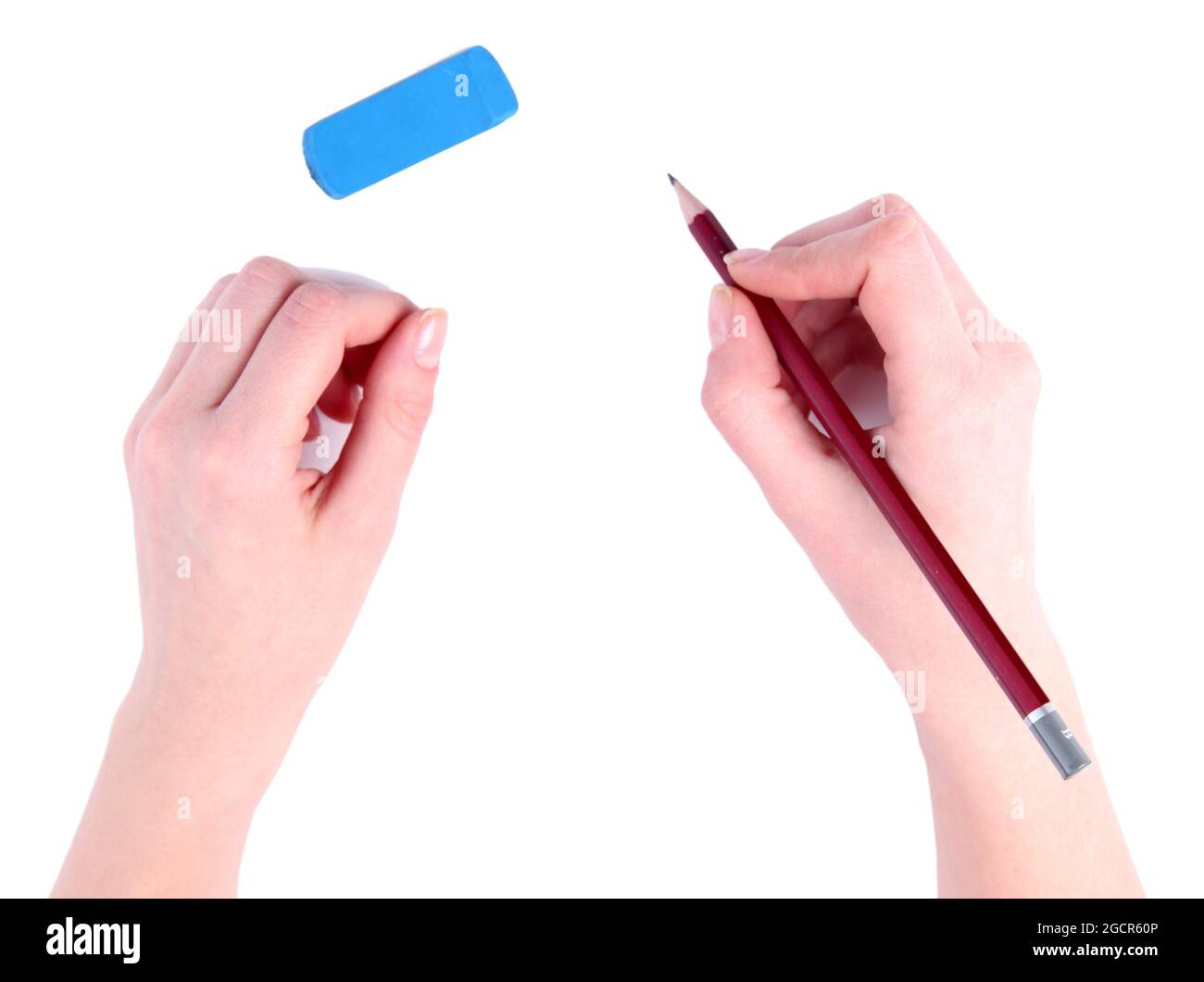 Hands with pencil and eraser isolated on white Stock Photo - Alamy
