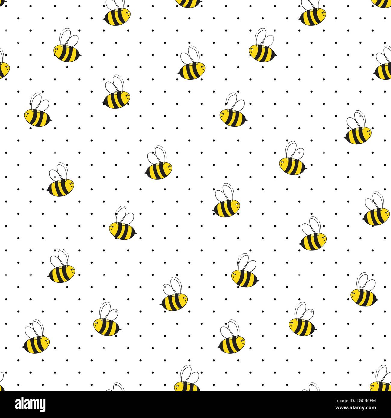 Seamless pattern with bees on white polka dots background. Small wasp ...