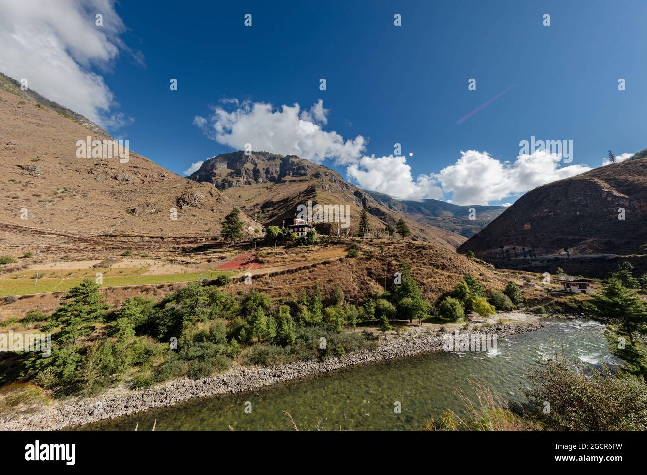 The Mountain landscape of Bhutan, the Paro Chu River beside the Paro ...
